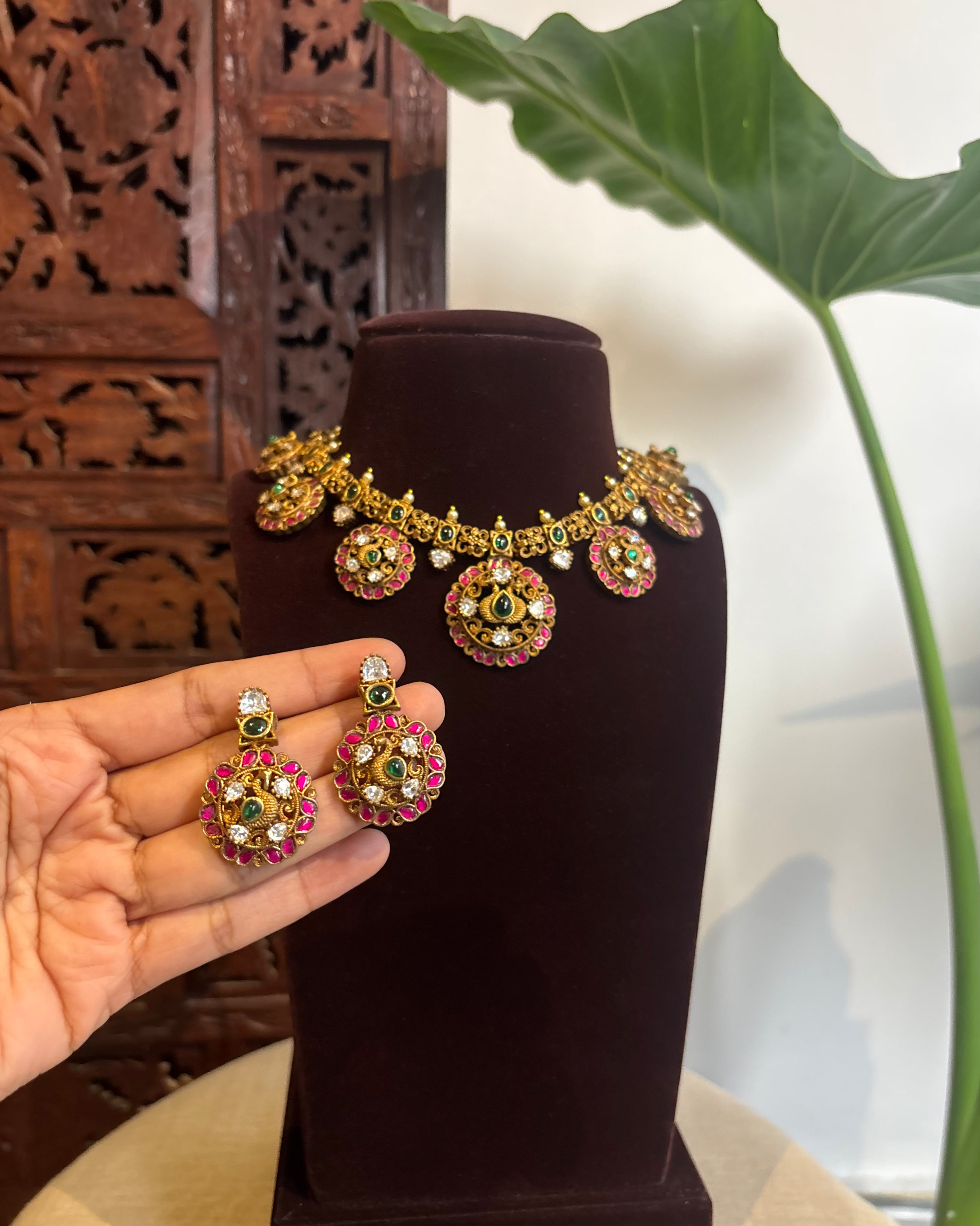 Antique Matte Gold Peacock Necklace Set with Kundan Stones | NC246 – Sreeni