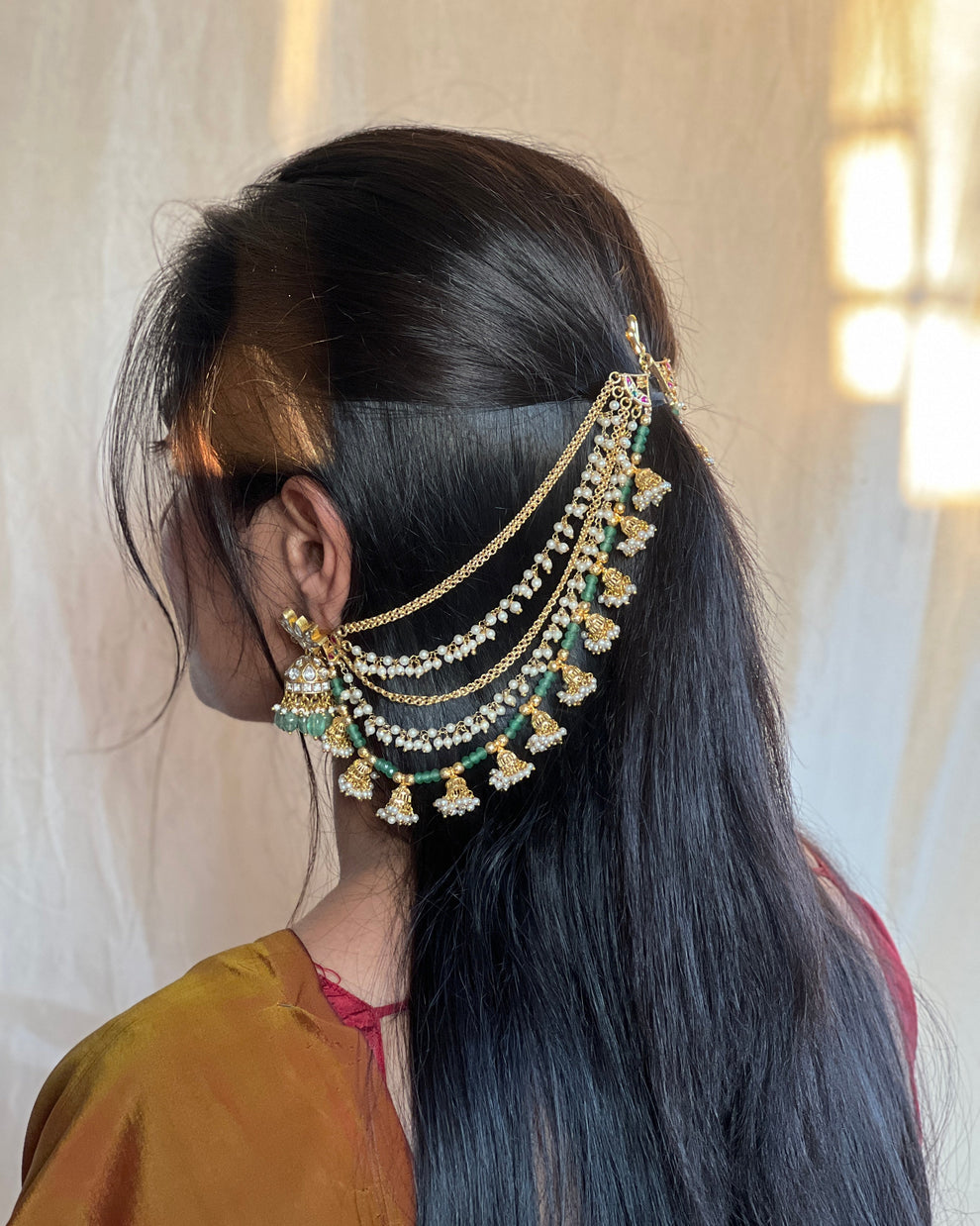 Opulent Jhumka Drop Five-Layer Kundan Pearl Ear Chain – Sreeni