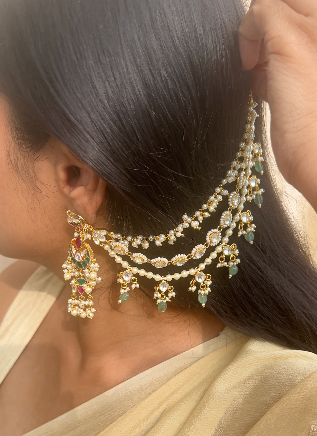 Gold Plated Triple Layered Jadau Kundan Pearl Ear Chain | EC019 – Sreeni